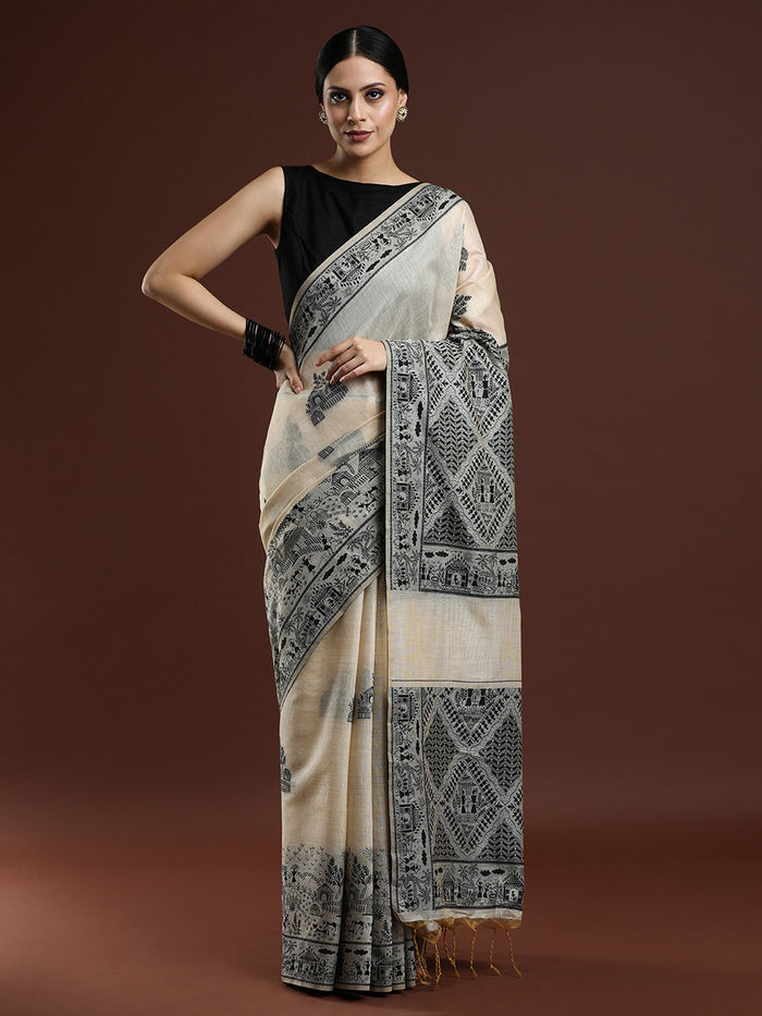 Woven Design Chanderi Cotton Saree with Black Motifs – Sarha