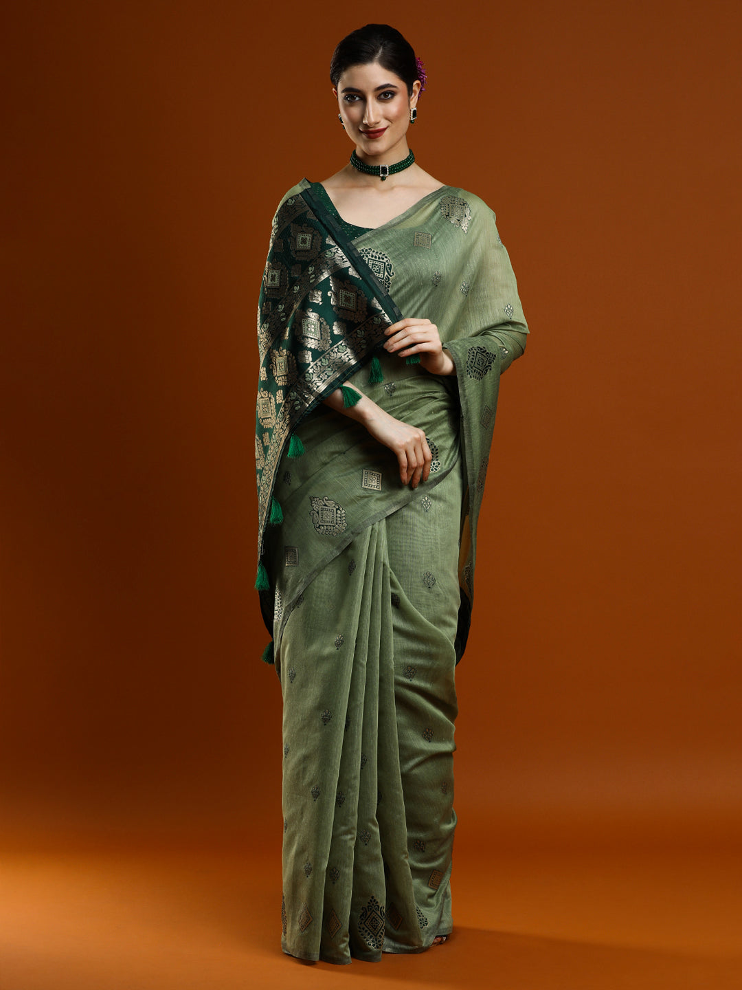 Sarha Ethnic Motifs Woven Design Saree in Olive Green