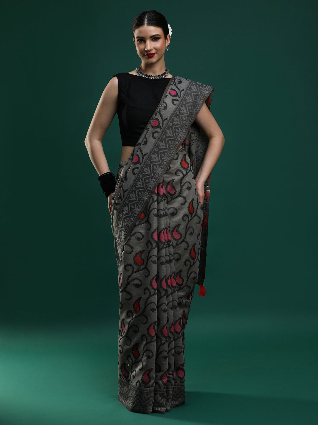 Sarha Women Ethnic Motifs Woven Design Chanderi Saree in Grey
