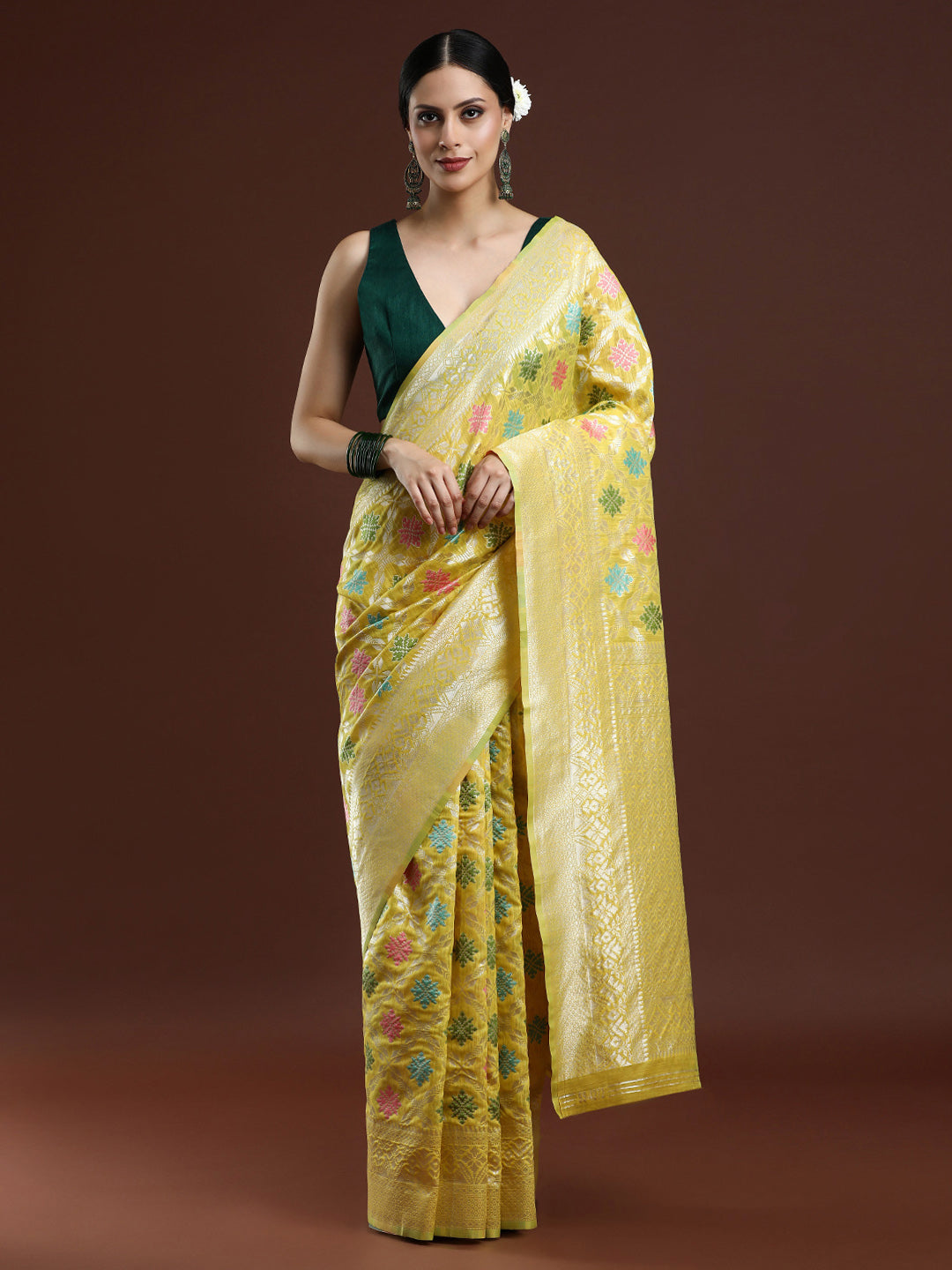 Woven Design Chanderi Cotton Saree in Yellow – Sarha