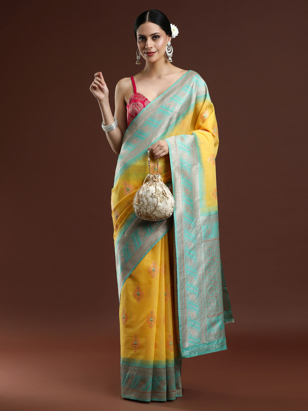 Woven Design Chanderi Cotton Saree in Yellow – Sarha