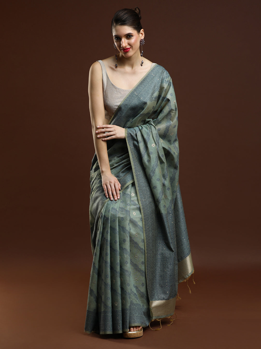 Sarha Ethnic Motifs Woven Design Zari Chanderi Saree in Green