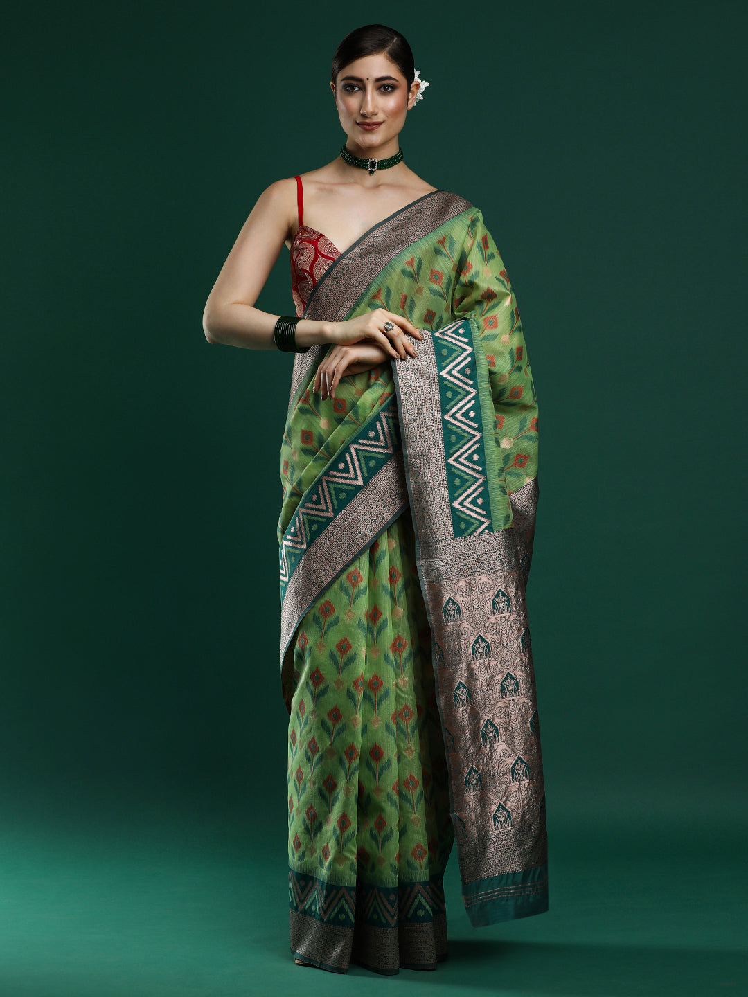 Woven Design Chanderi Cotton Saree in Green – Sarha