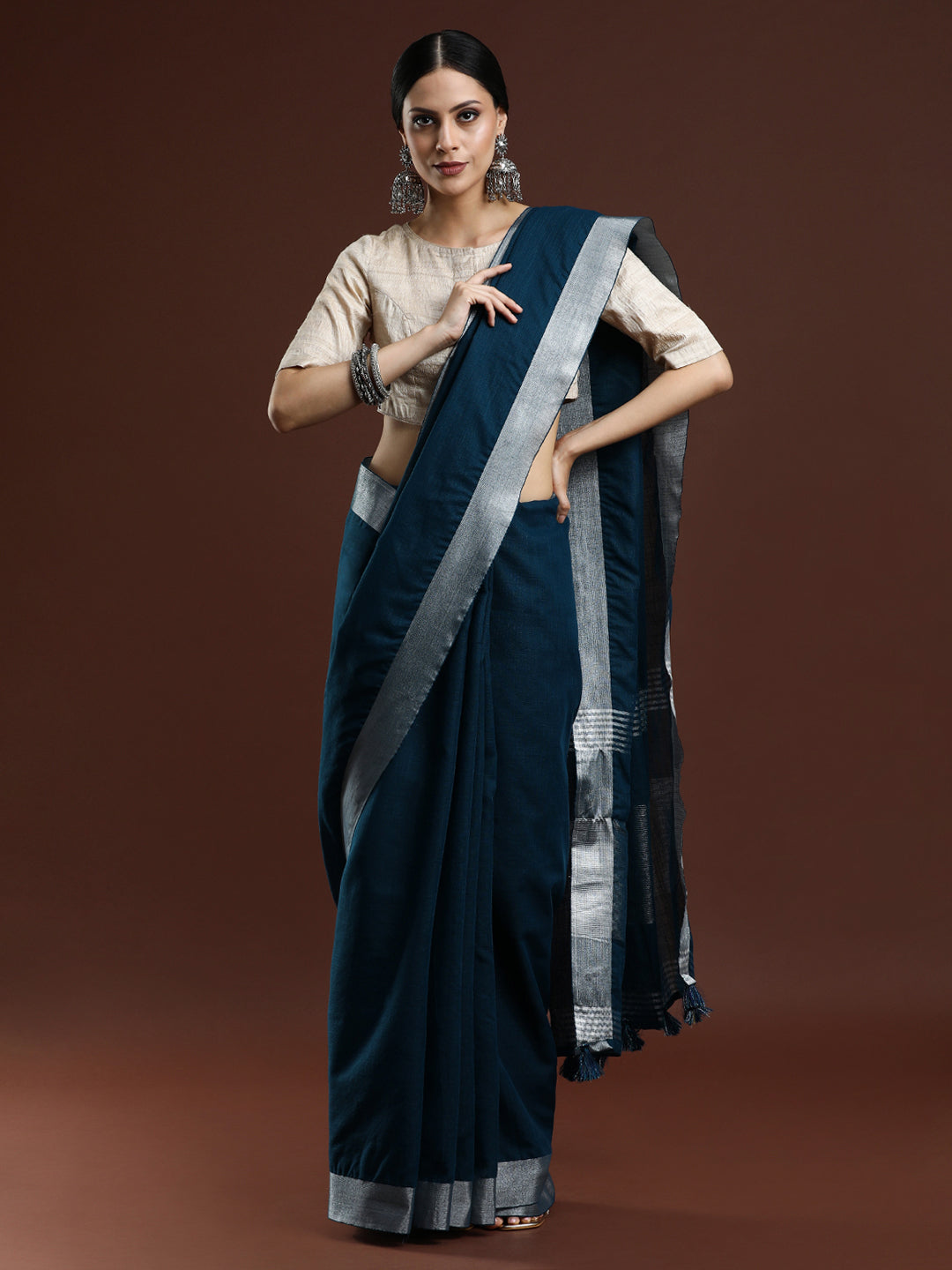 Woven Design Solid Bhagalpuri Linen Saree in Dark Blue – Sarha