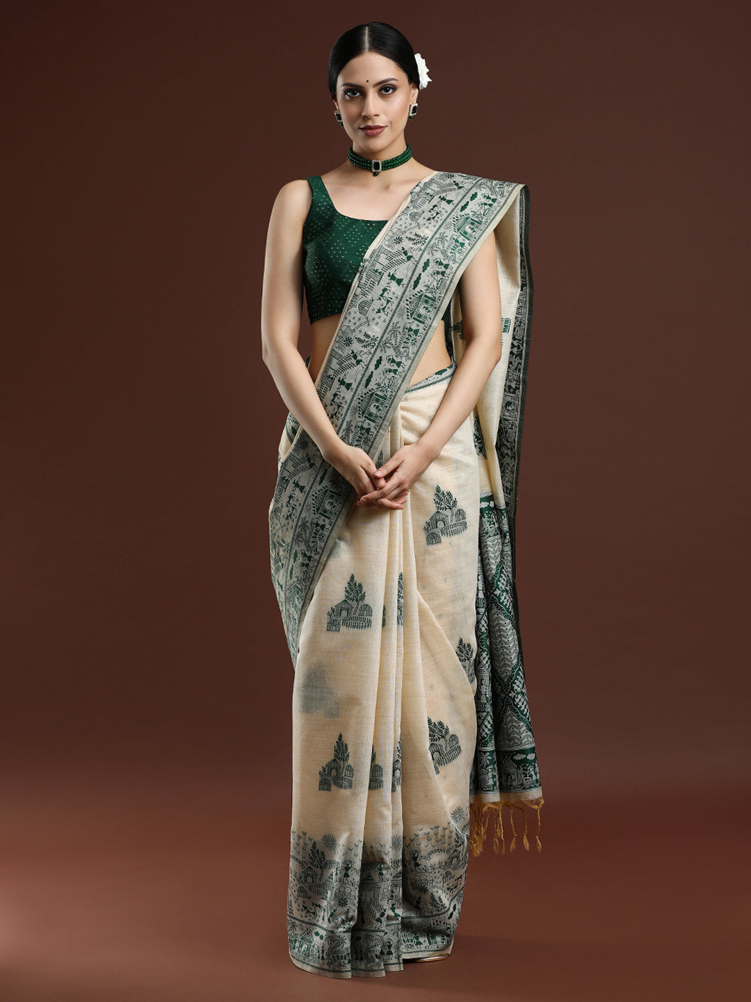 Woven Design Chanderi Cotton Saree with Green Motifs – Sarha
