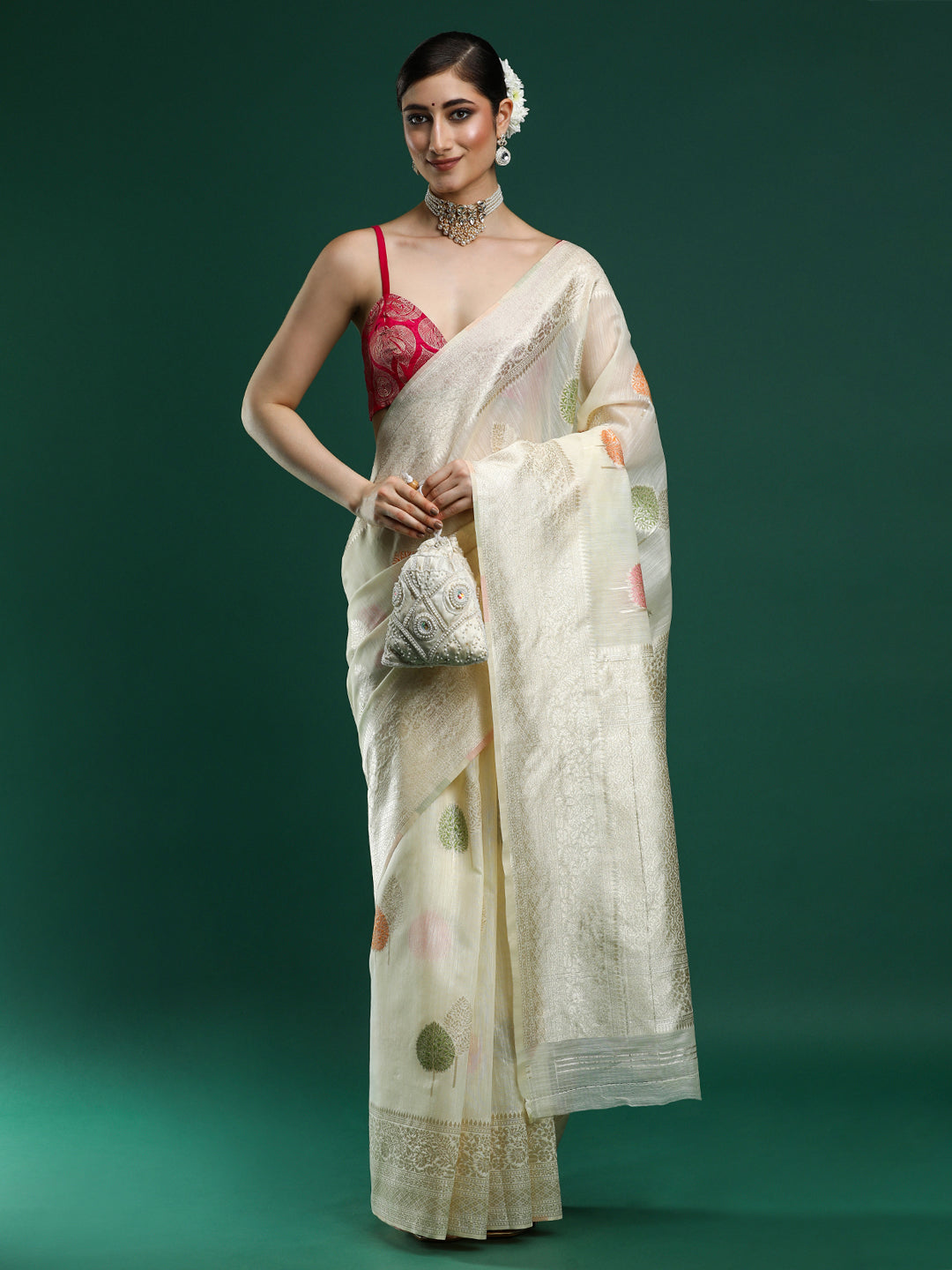 Woven Design Chanderi Cotton Saree in Cream – Sarha