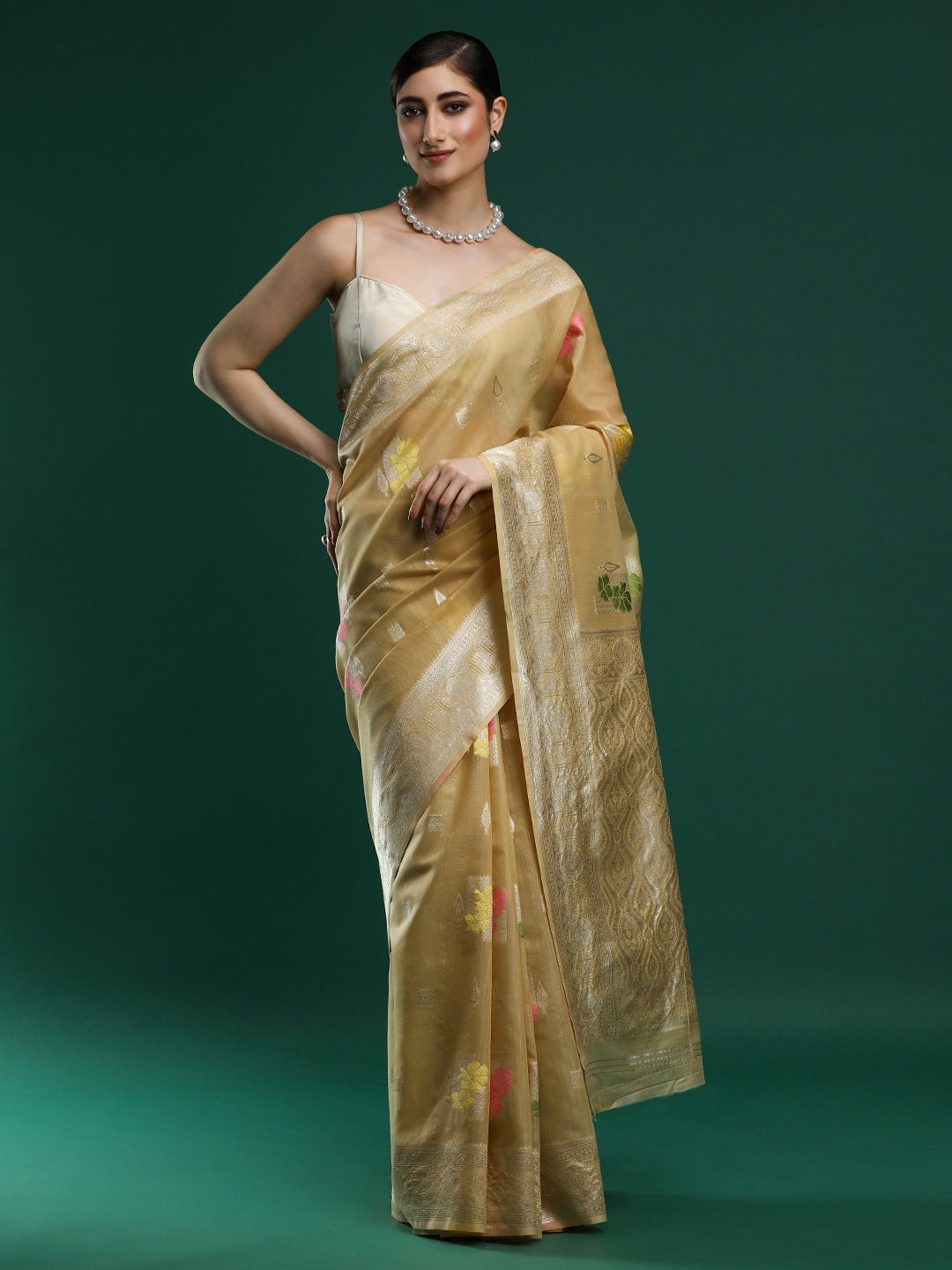 Woven Design Floral Chanderi Cotton Saree in Beige – Sarha