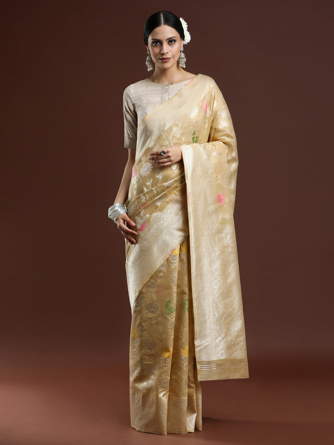 Woven Design Floral Chanderi Cotton Saree in Beige – Sarha