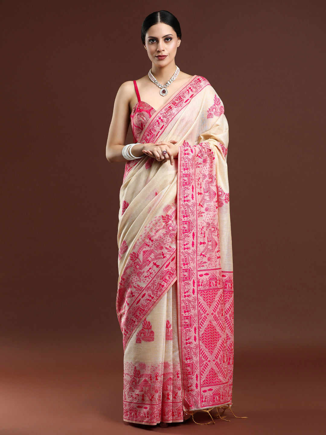 Woven Design Chanderi Cotton Saree with Pink Motifs – Sarha